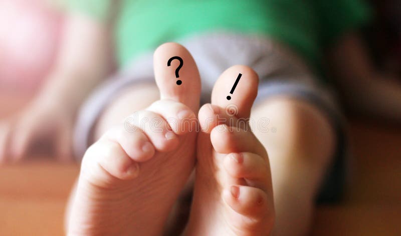 Question and Exclamation Marks on Fingers, Drawing on Children`s Feet ...