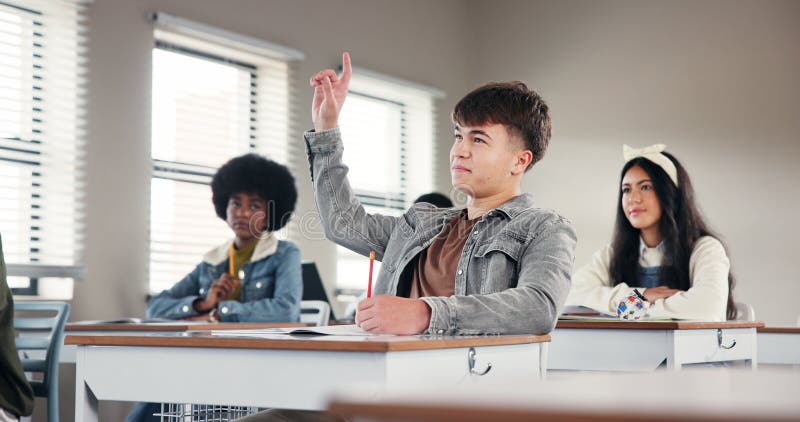 Question, Hands Up and Boy in Classroom with Answer for Lesson ...