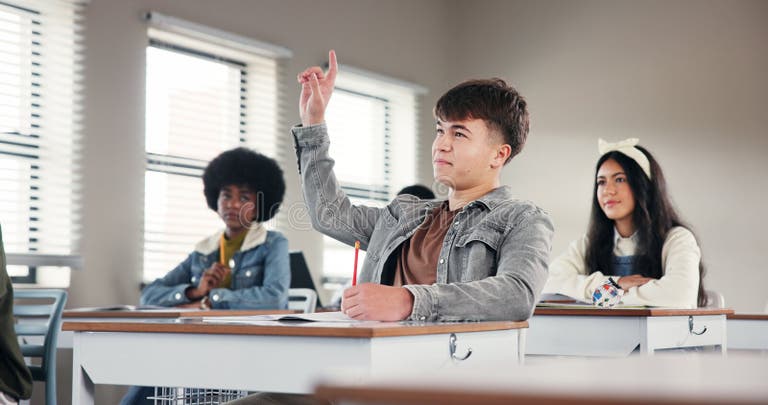 Question, Hands Up and Boy in Classroom with Answer for Lesson ...