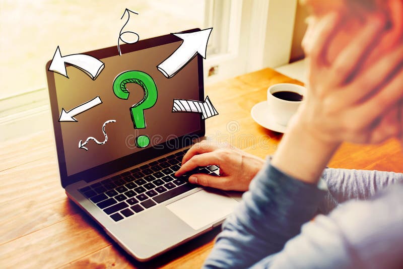 Question Mark with Arrows with Man Using a Laptop Stock Image - Image ...