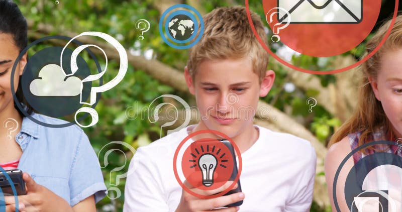 Question Mark and Digital Icons Against Group of Diverse Students Using ...