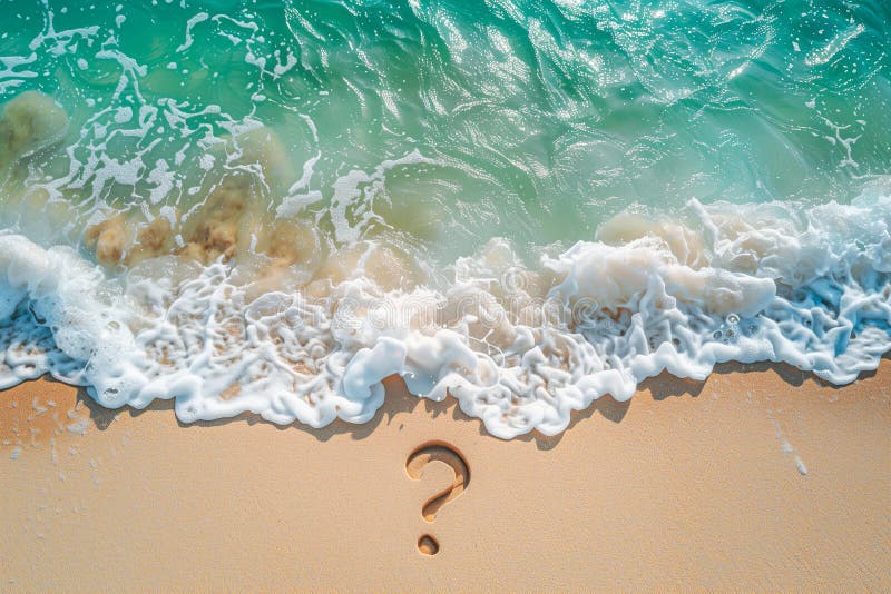 Question Mark Drawn on Sand Next To Ocean Wave, Top View. Stock Image ...