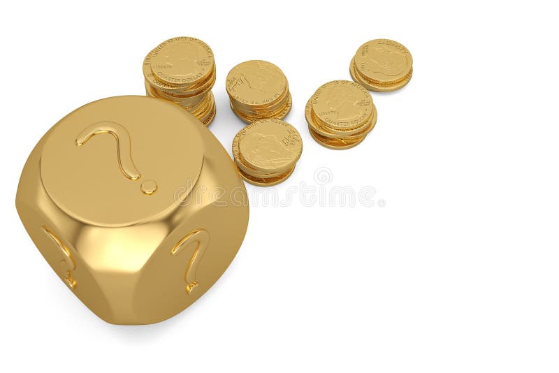 The Question Mark on Gold Dice and Gold Coin Stacks.3D Illustration ...