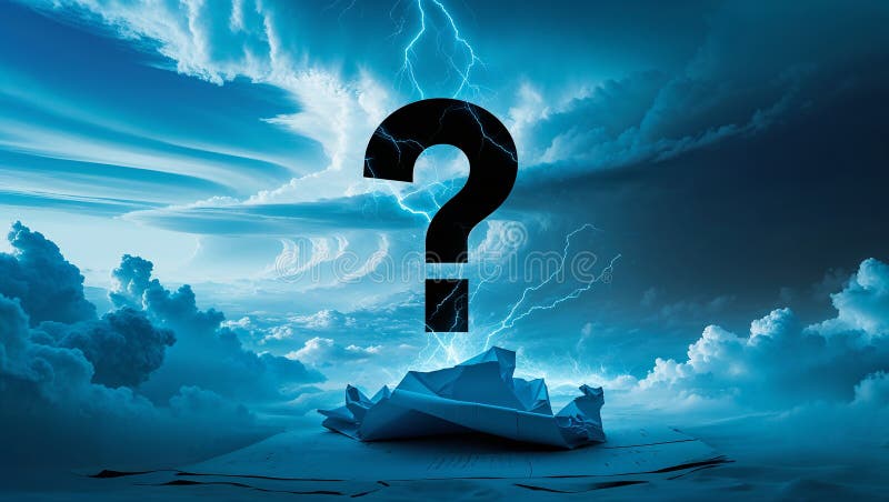 Question Mark Hovering Over Crumpled Paper Under Stormy Sky Stock ...