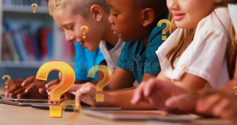 Question Mark Icons Floating Against Group of Kids Using Electronic ...