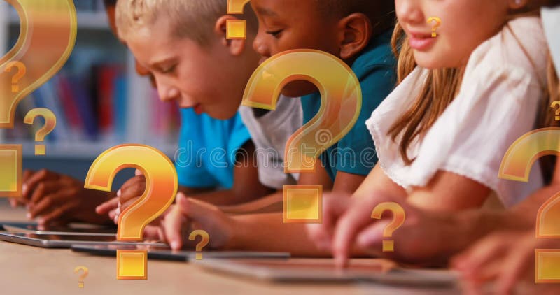 Question Mark Icons Floating Against Group of Kids Using Electronic ...