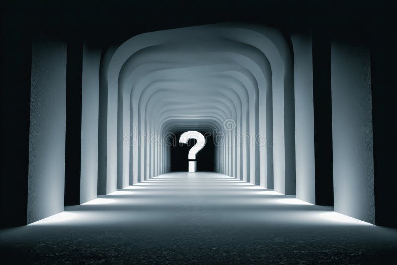 Question Mark Illuminating Dark Corridor with Arches and Columns Stock ...
