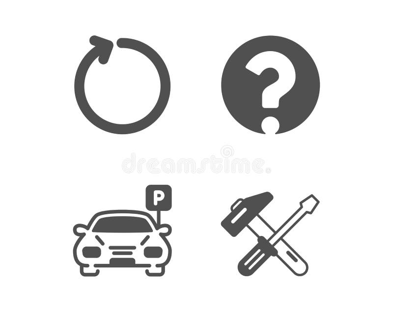 Question Mark, Loop and Parking Icons. Hammer Tool Sign. Ask Support ...