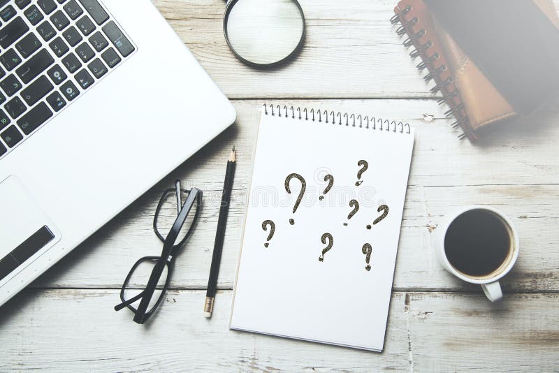Question Mark on Notepad with Komputer on Table Stock Photo - Image of ...