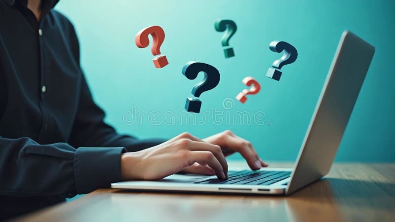 Question Mark and Problem Solving Concept. a Person Using a Laptop with Floating Question Marks ...