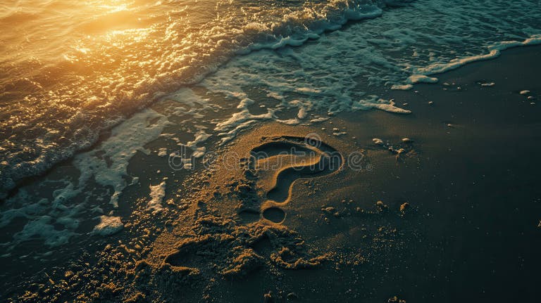 Question Mark in Sand at Sunset: Symbol of Reflection and Tranquility ...