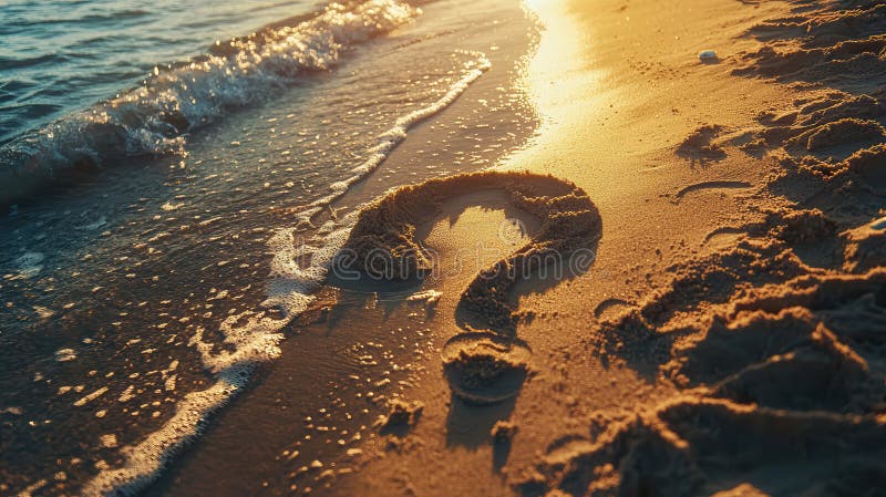Question Mark in Sand at Sunset: Symbol of Reflection and Tranquility ...