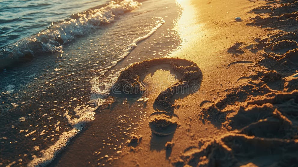 Question Mark in Sand at Sunset: Symbol of Reflection and Tranquility ...