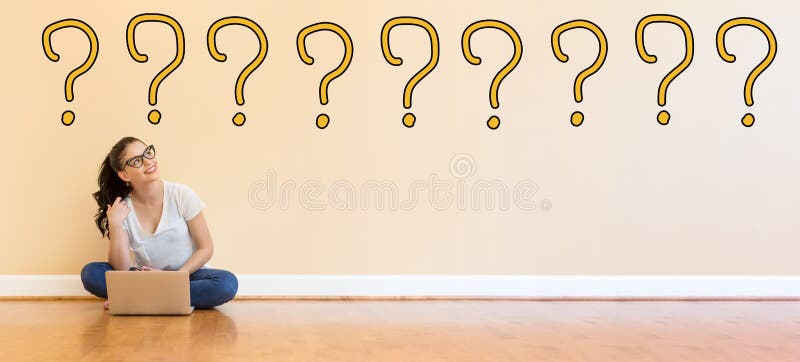 Question Mark Text with Young Woman Using a Laptop Computer Stock Photo ...