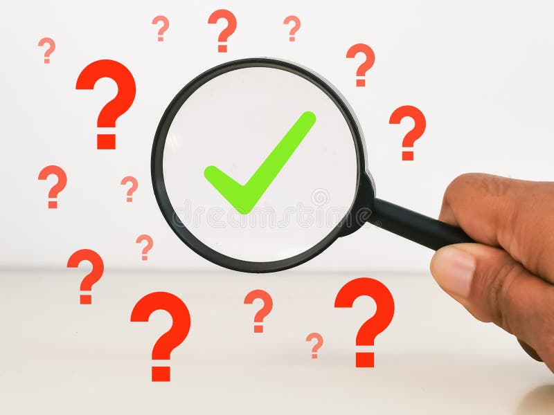 Question Mark and Tick Icons with Hand Holding Magnifying Glass. Stock ...