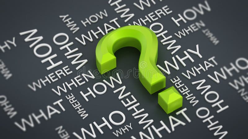 Question Mark and Question Words on Gray Surface. 3D Illustration Stock ...