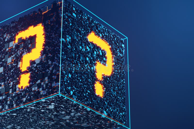 Question Mark in Yellow on an Abstract Hi-tech Cube in Blue. the ...