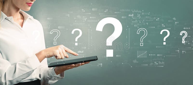 Question Marks with Business Woman Using a Tablet Stock Photo - Image ...
