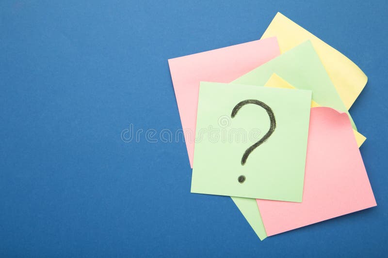 Question Marks on Colour Stickers on Blue Background. Top View Stock ...