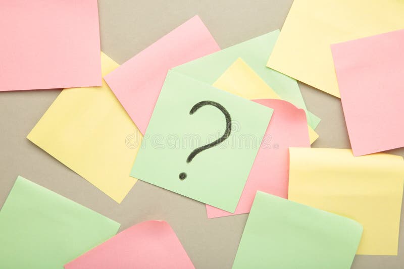 Question Marks on Colour Stickers on Grey Background. Top View Stock ...
