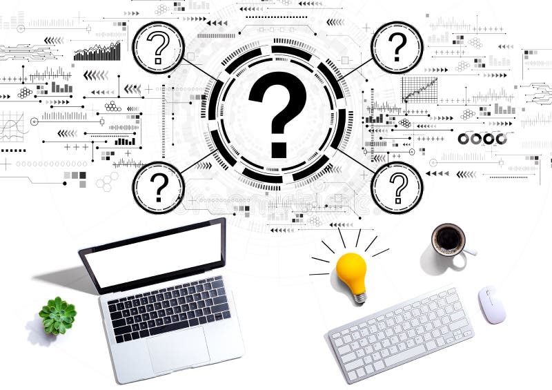 Question Marks with Computers with a Light Bulb Stock Image - Image of ...