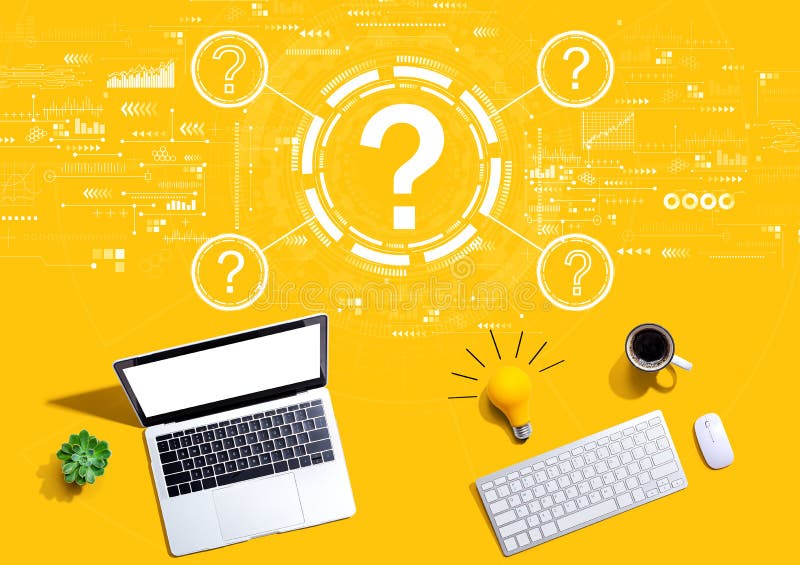 Question Marks with Computers with a Light Bulb Stock Image - Image of ...