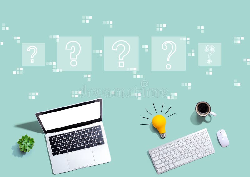 Question Marks with Computers with a Light Bulb Stock Image - Image of ...
