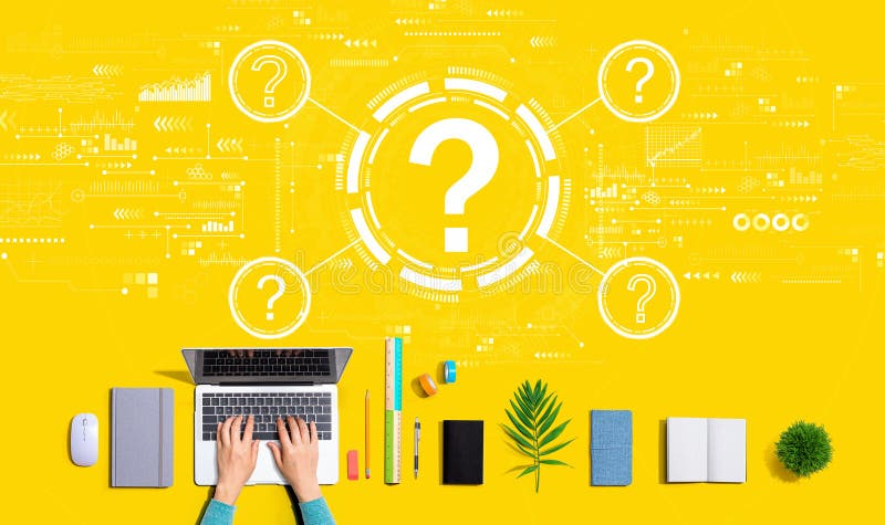 Question Marks with Person Using a Laptop Stock Photo - Image of small ...