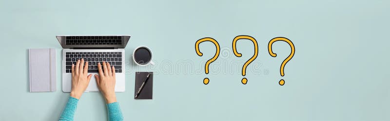 Question Marks with Person Using Laptop Stock Illustration ...