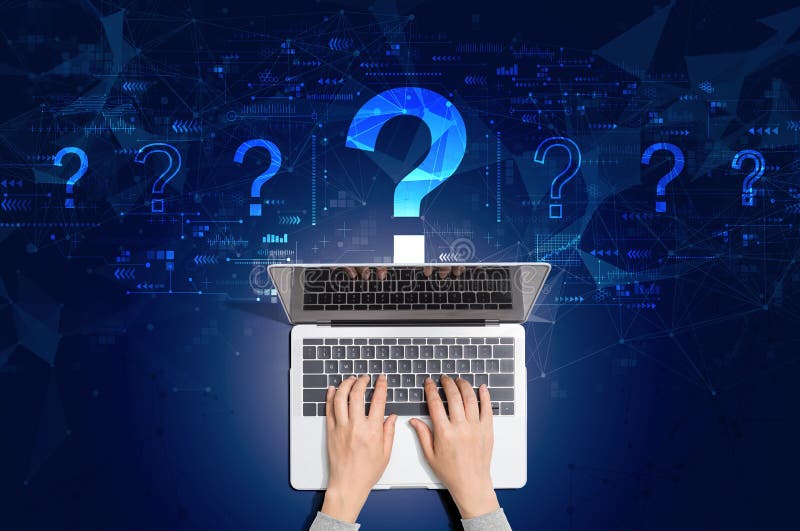 Question Marks with Person Using Laptop Stock Photo - Image of sign ...