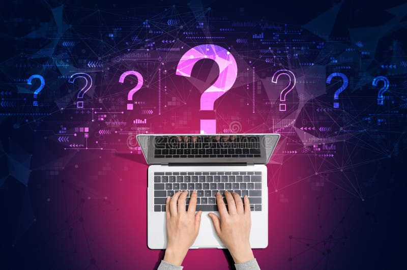 Question Marks with Person Using Laptop Stock Photo - Image of dark ...
