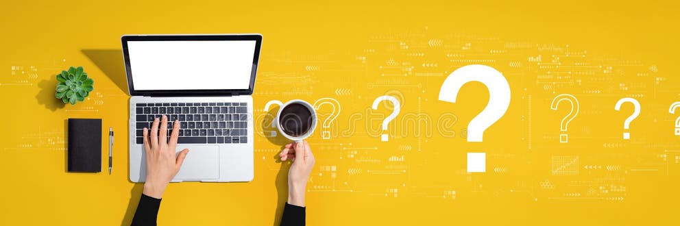 Question Marks with Person Using Laptop Computer Stock Photo - Image of ...