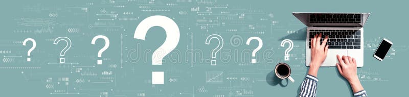 Question Marks with Person Using Laptop Stock Illustration ...