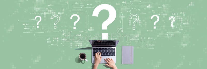 Question Marks with Person Working with Laptop Stock Image - Image of ...