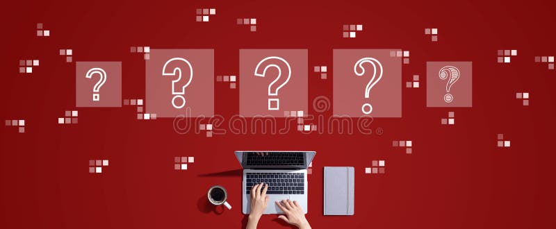 Question Marks with Person Working with Laptop Stock Photo - Image of ...
