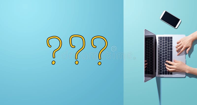 Question Marks with Person Working with Laptop Stock Image - Image of ...