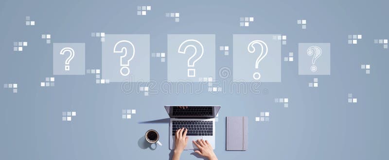 Question Marks with Person Working with Laptop Stock Photo - Image of ...