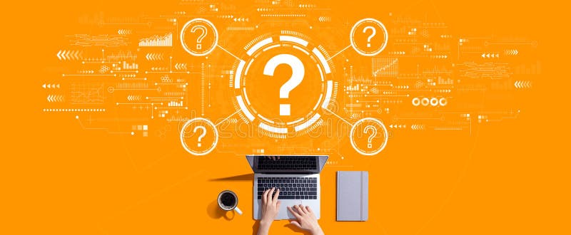 Question Marks with Person Working with Laptop Stock Photo - Image of ...