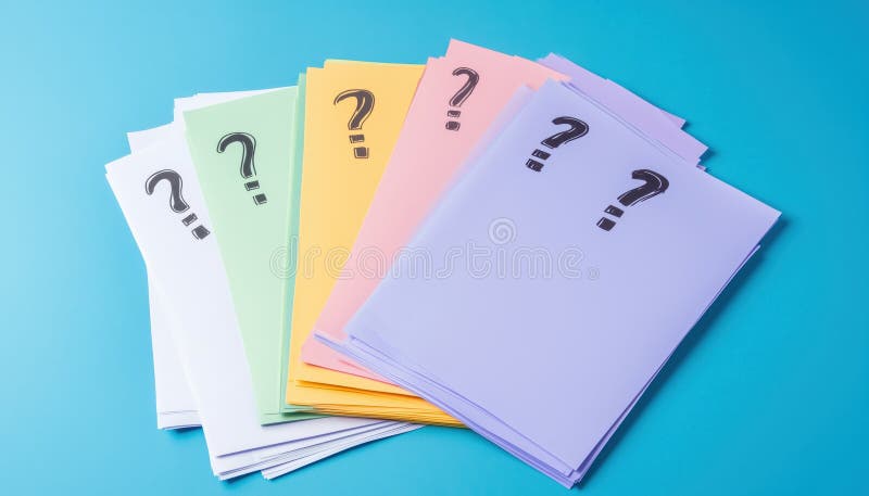 Question Marks Stacked on White Paper or Signs on Blue Background with ...