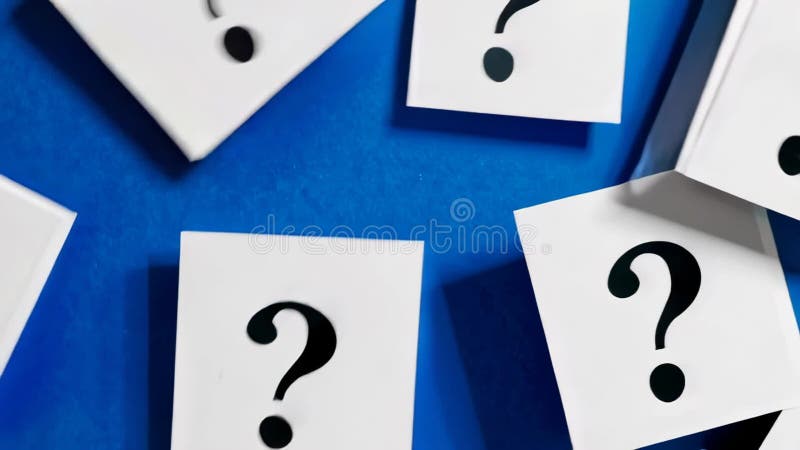Question Marks on White Cards Scattered on Blue Background Stock ...