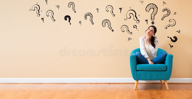 Question Marks with Woman in a Thoughtful Pose Stock Photo - Image of ...