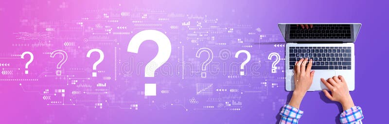 Question Marks with Woman Using a Laptop Stock Image - Image of flat ...