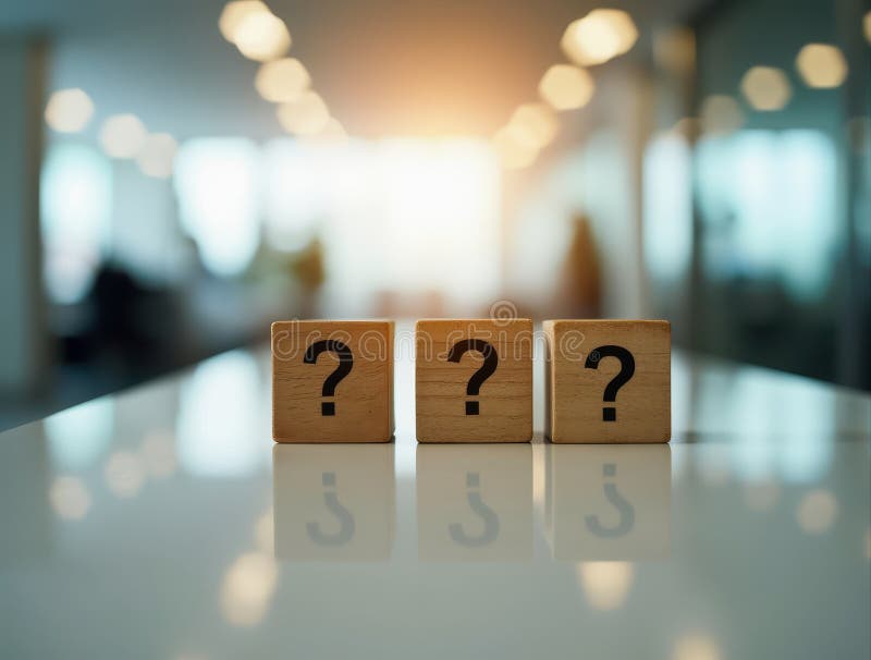 Three Wooden Cubes Showing Question Marks on Reflective Surface Stock ...