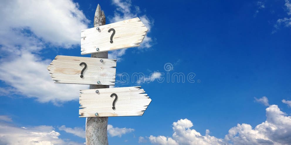 Question Marks - Wooden Signpost with Three Arrows Stock Image - Image ...