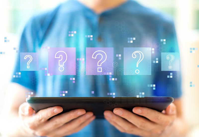 Question Marks with Man Using a Tablet Stock Photo - Image of asking ...