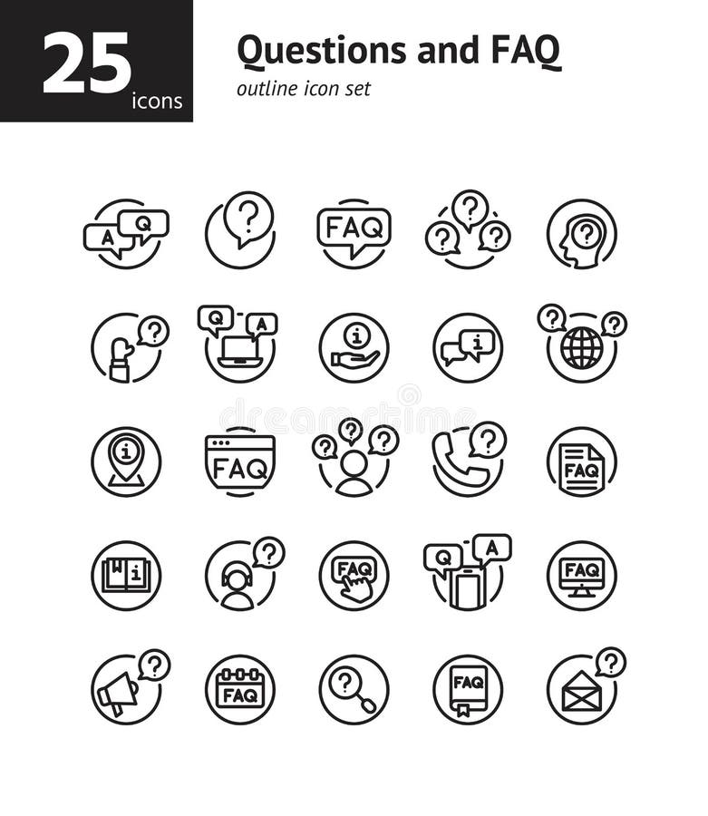 Questions and FAQ Outline Icon Set. Stock Vector - Illustration of ...