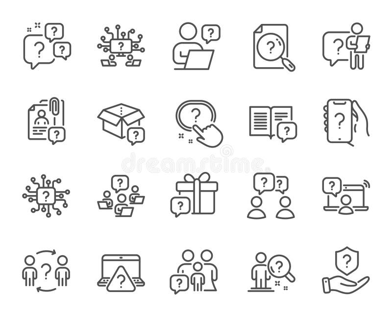 Questions Line Icons. Artificial Intelligence Computer, Phone with Question Mark, Problem Solve ...