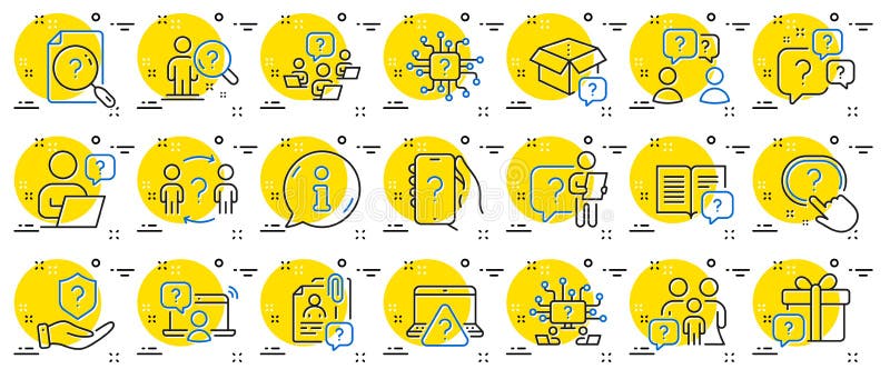 Questions Line Icons. Artificial Intelligence Computer, Phone with Question Mark, Problem Solve ...