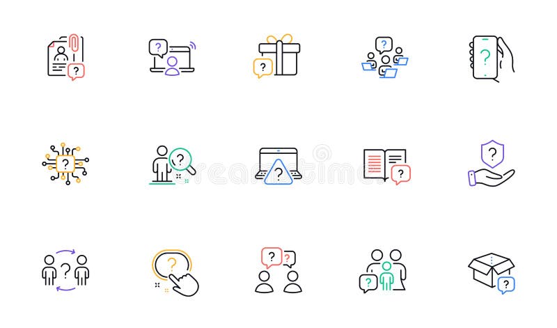 Questions Line Icons. Problem Solve, Artificial Intelligence Computer, Phone with Question Mark ...
