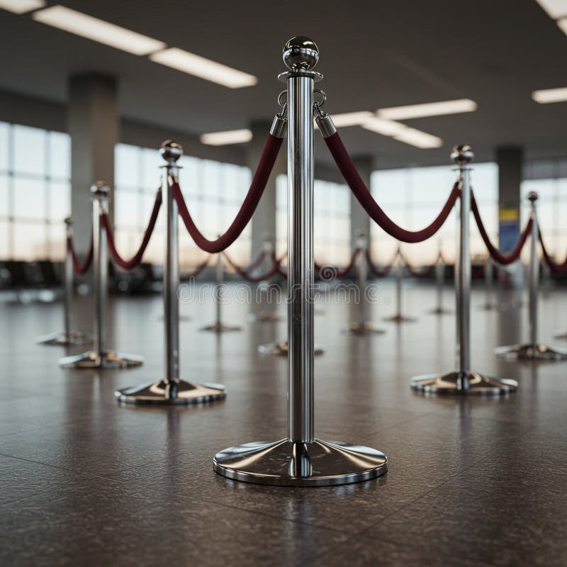 Queue Barriers with Red Rope Lines Inside Modern Building Architecture ...
